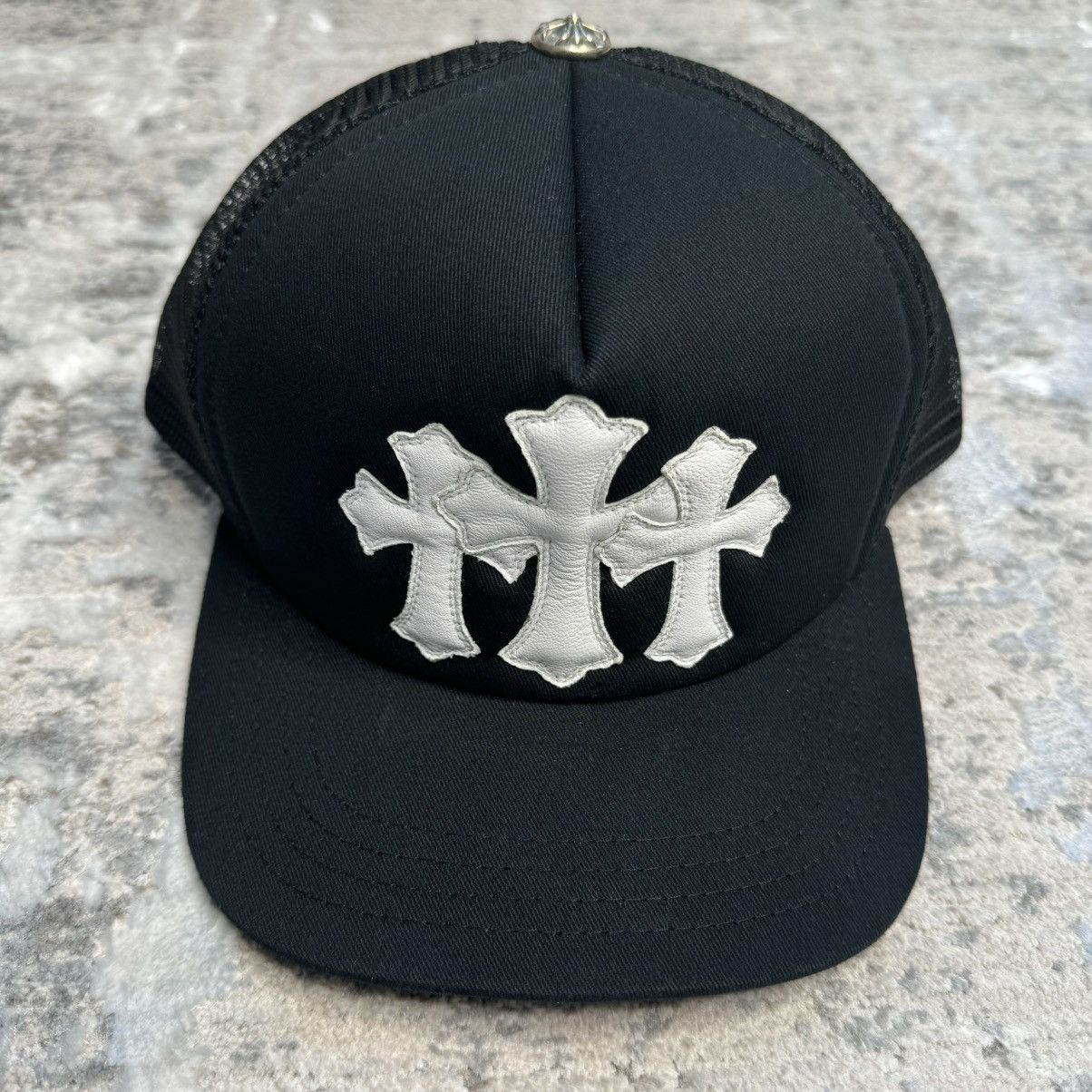 Chrome Hearts Leather triple cross trucker hat | Grailed