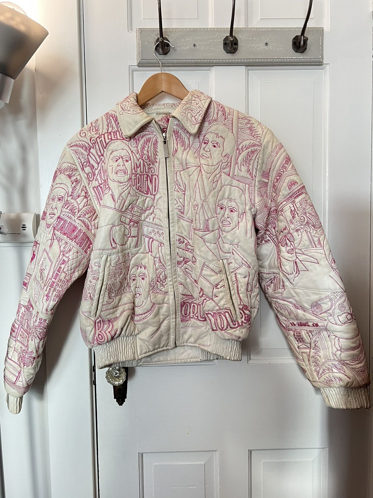 Vintage Scarface Vintage RARE White Leather Bomber With Pink Stitch ...