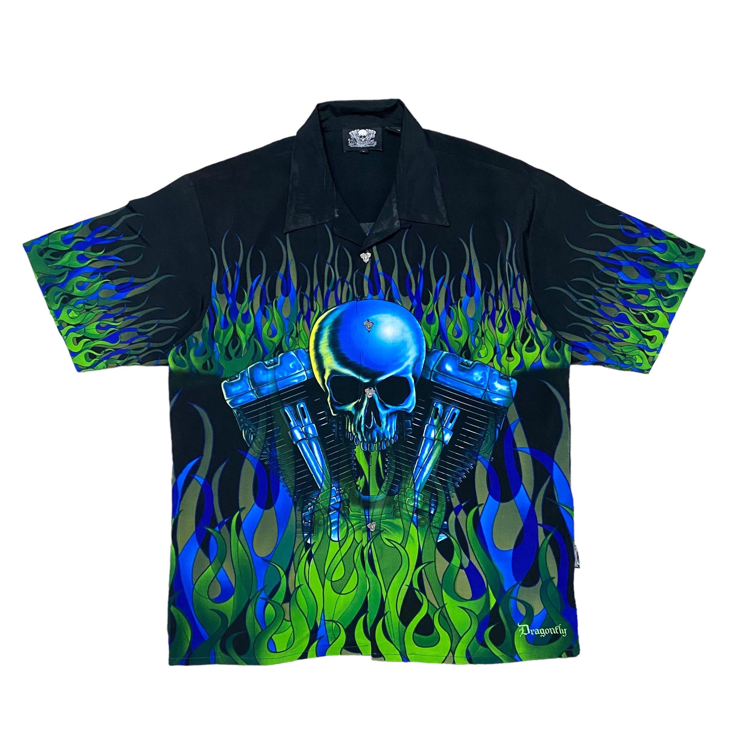 Dragonfly × Vintage Vintage Dragonfly Flaming Skull Button Up Loop ...