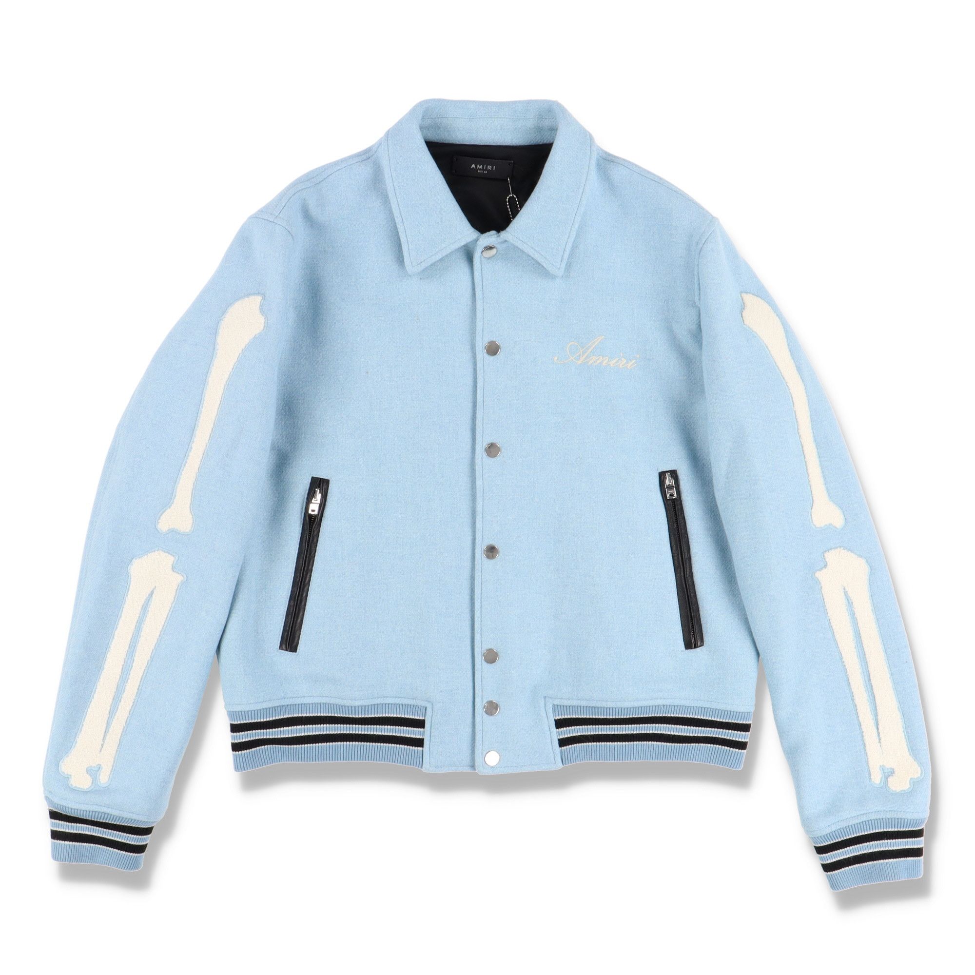 Amiri Baby Blue Bones Wool Logo Varsity Jacket | Grailed