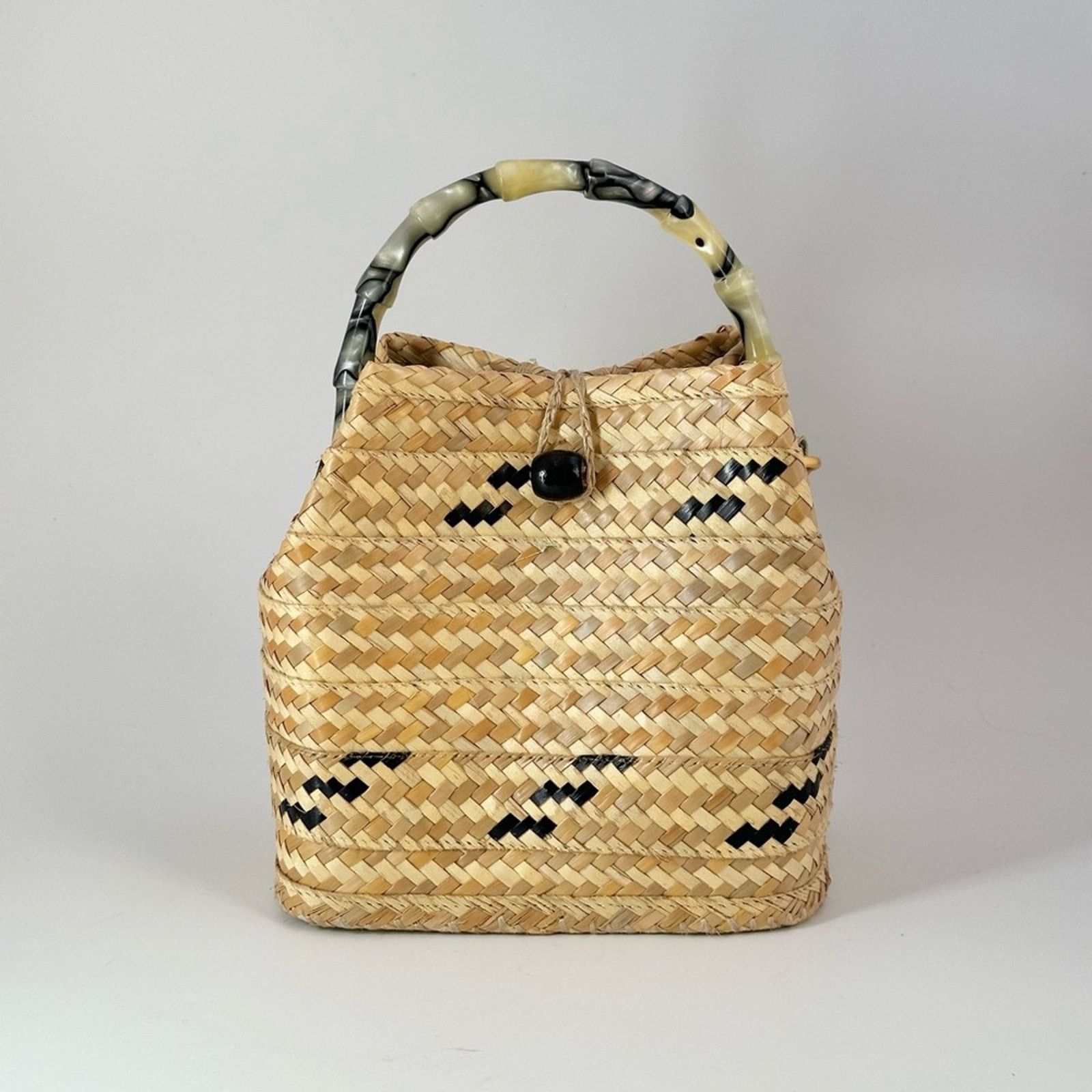 Vintage Woven Straw Cloth Lined Mother Of Pearl Top Handle Small Bag ...