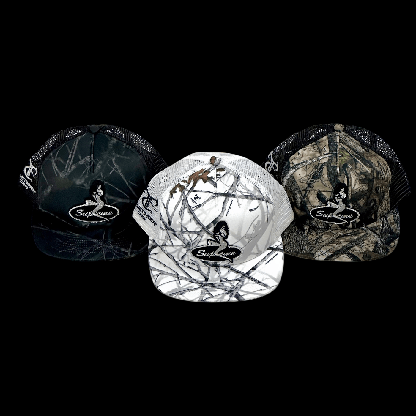 Supreme 2025 supreme pinup trucker hat realtree white snow camo | Grailed