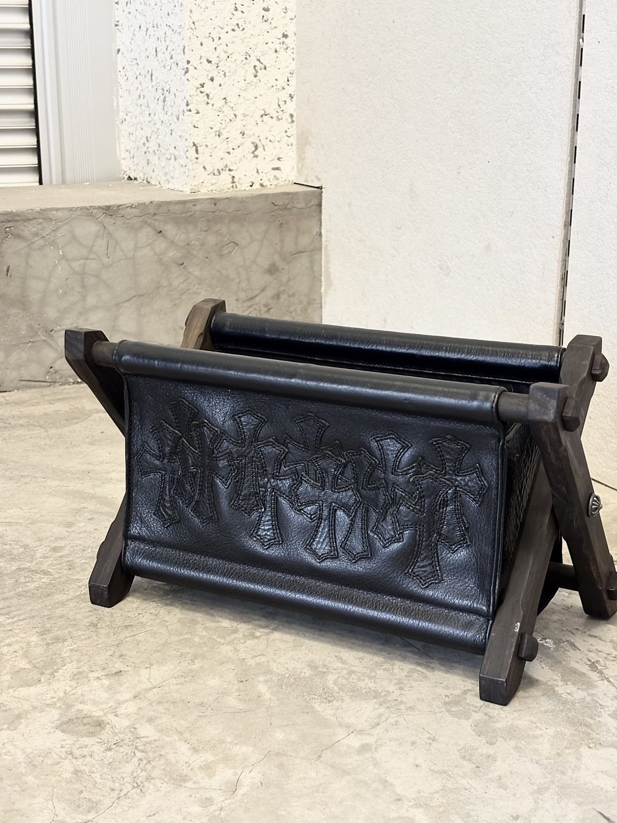 Chrome Hearts Ebony Wood & black leather rack full cross patches | Grailed