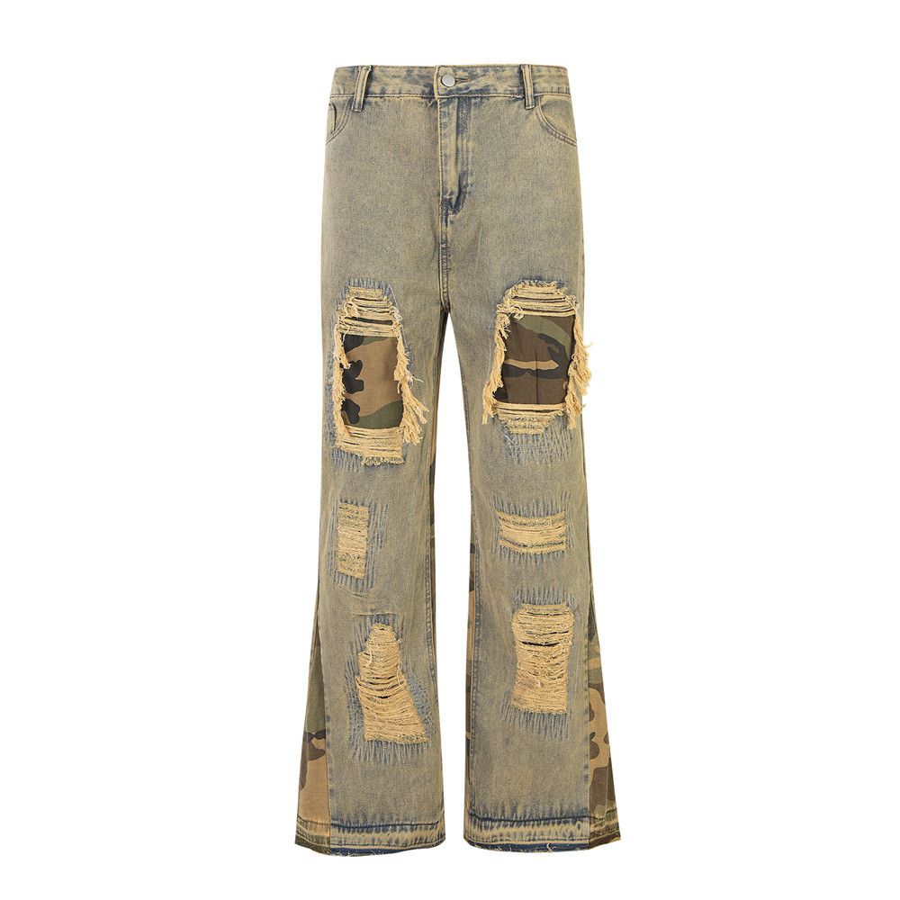 Vintage Distressed Raw Street Camouflage Patch Flare Jeans | Grailed