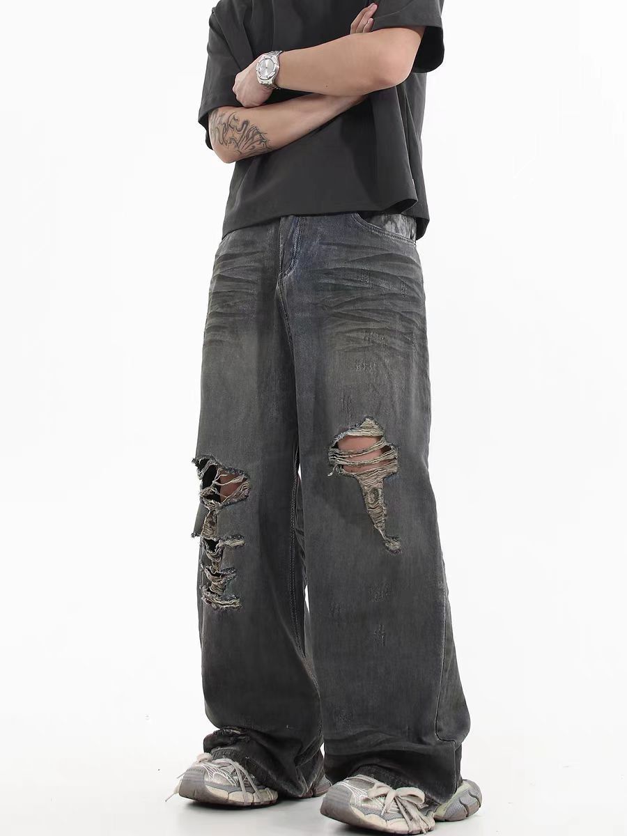 Streetwear Faded gray ripped washed and distressed baggy jeans | Grailed