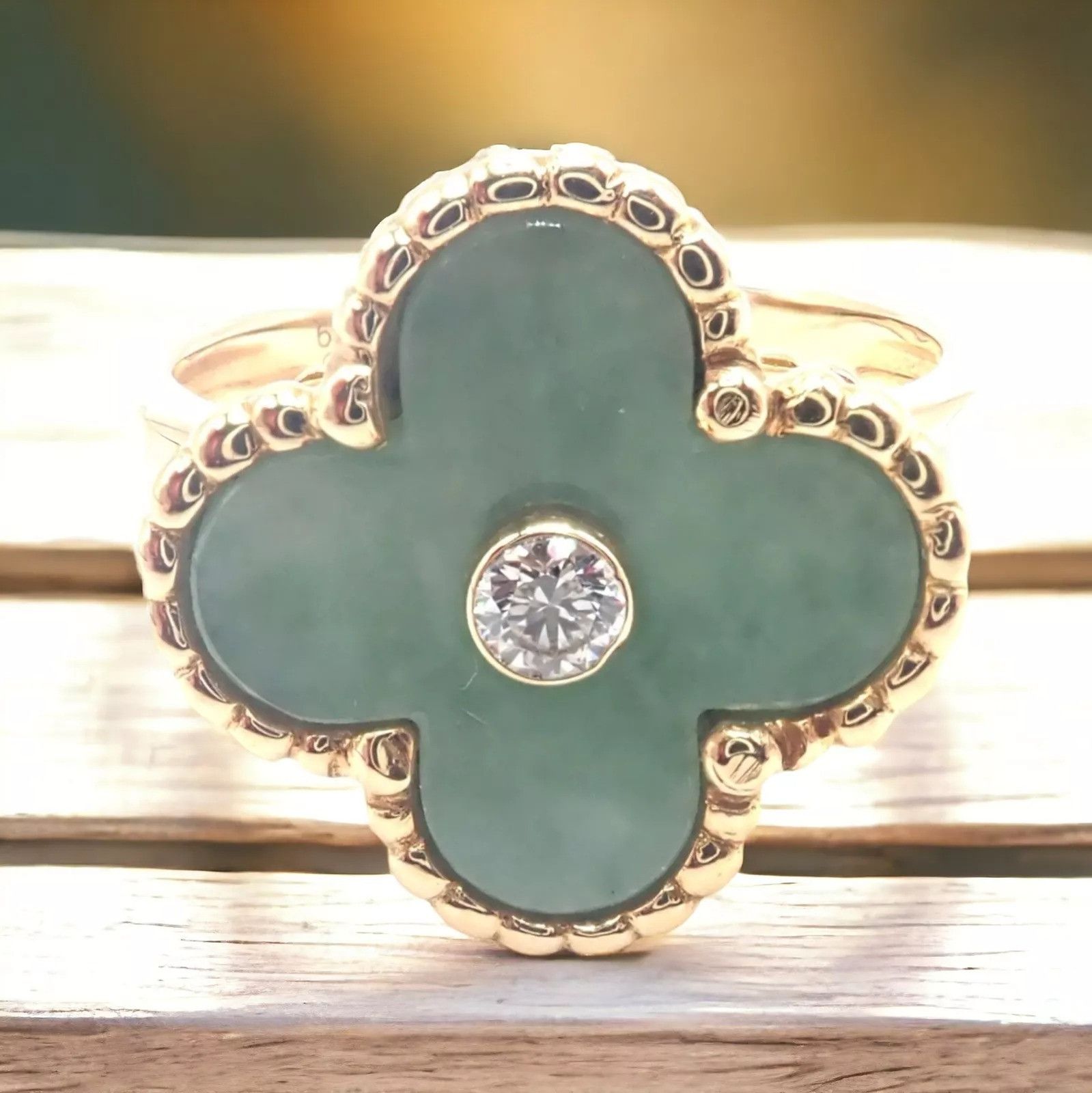 Van Cleef & Arpels Vintage Alhambra 18k Yellow Gold Diamond Jade Ring ...