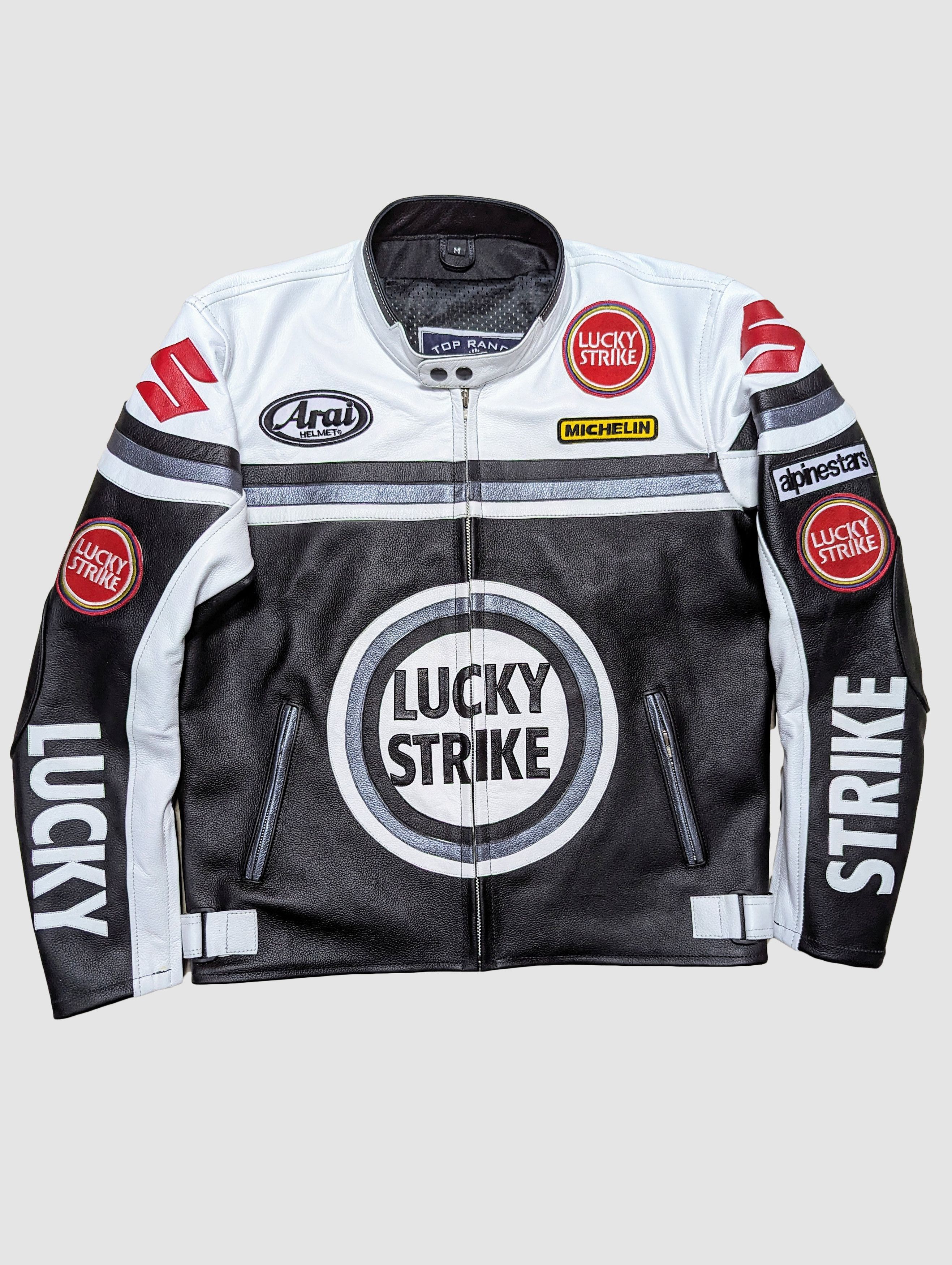 Genuine Leather × Leather Jacket × Racing LUCKY STRIKE Rare Vintage 90s ...