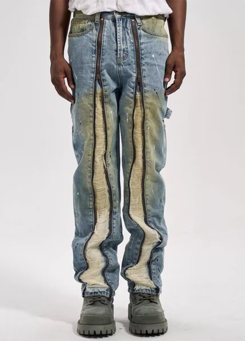 Japanese Brand High street double zip washed distressed logging jeans ...