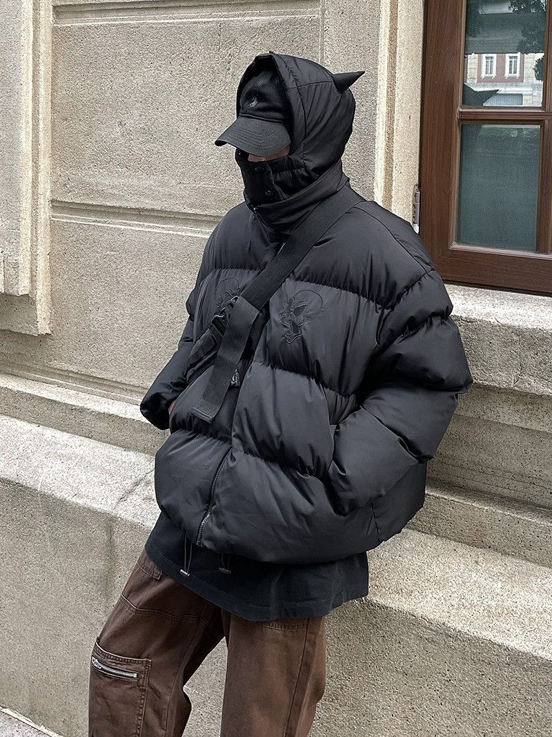 Retro Jacket × Streetwear Horn Puffer Black Jacket | Grailed
