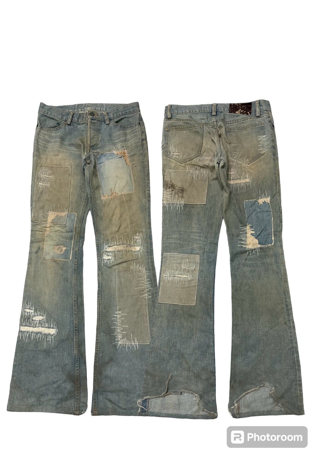 Japanese Brand × Shellac × Vintage 90s SHELLAC FLARE JEANS PATCHWORK DISTRESSED | Grailed