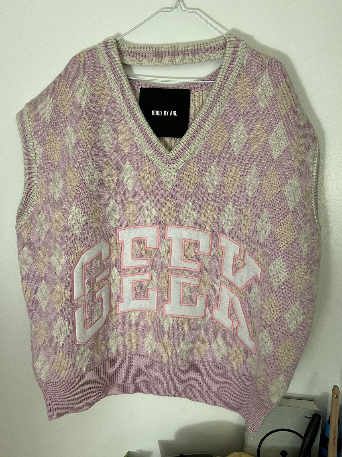 Hood By Air HBA GEEK pink Argyle knit sweater oversized vest | Grailed