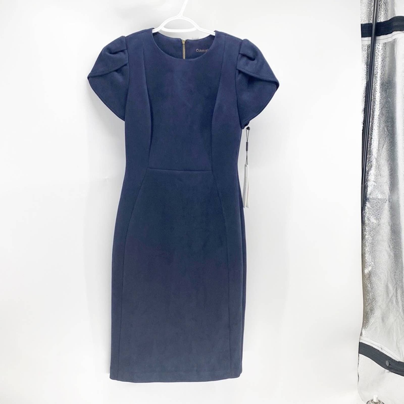 Calvin Klein Calvin Klein Navy Blue Tulip Sleeve Sheath Midi Dress