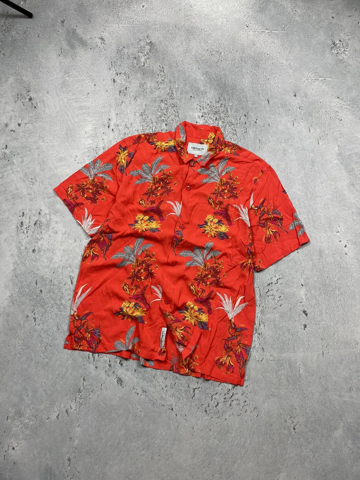 Vintage CARHARTT VINTAGE OLD MONEY HAWAIIAN OREANGE SHORT SHIRT | Grailed