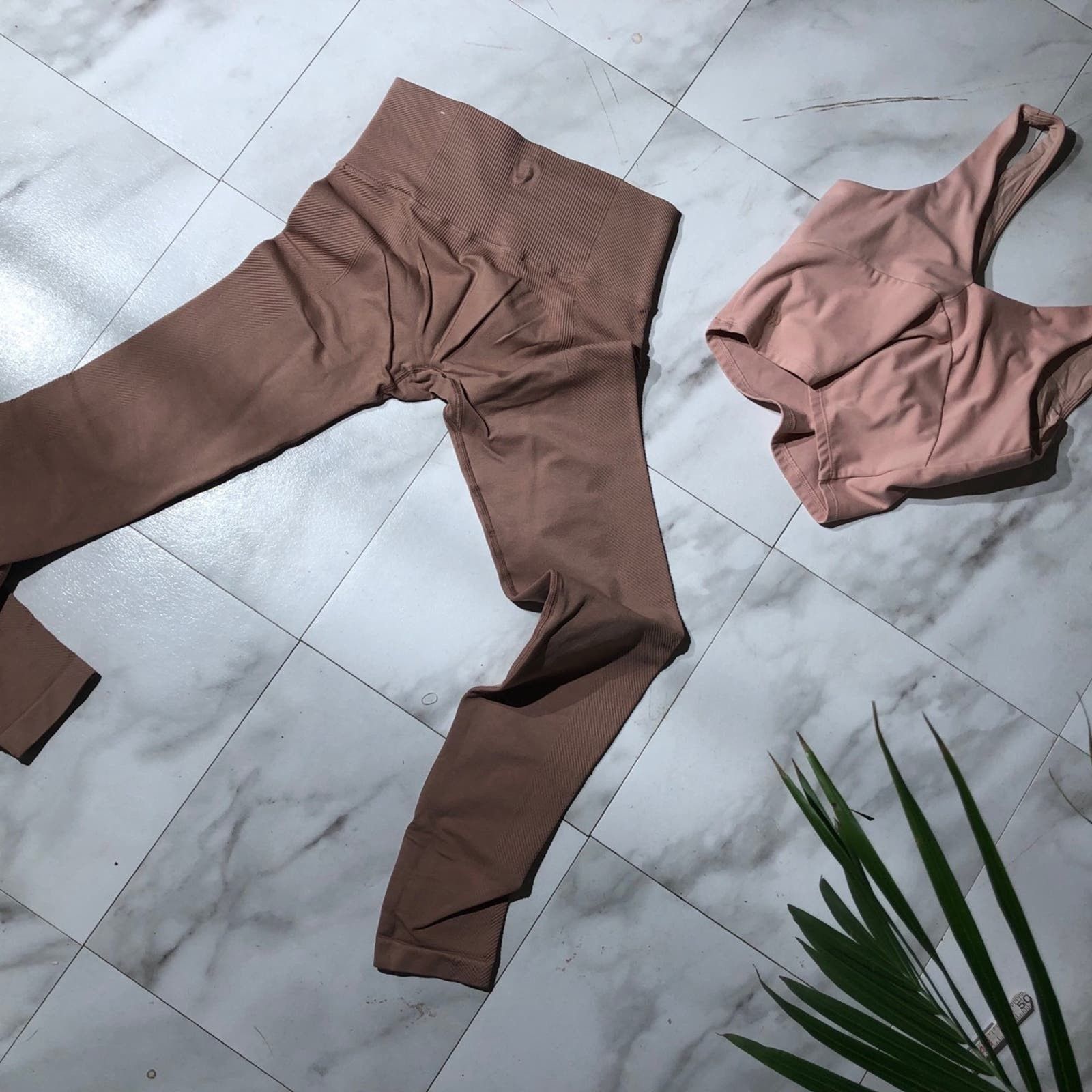 Target Basics taupe pink tank with super compressed ribbed nude leggings | Grailed