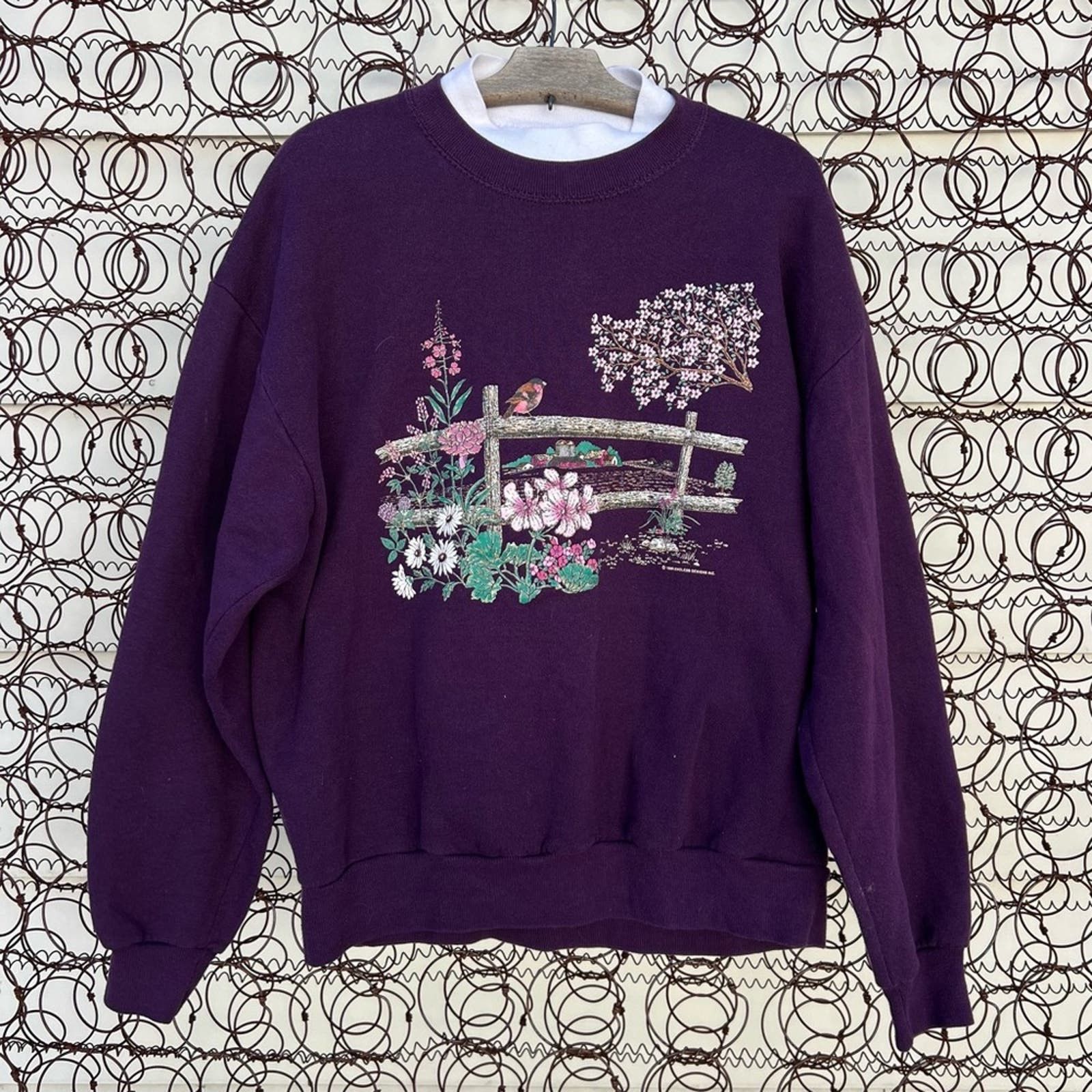 Vintage 90s Spring Grannycore Cottage Sweatshirt Robin on Fence Farm ...