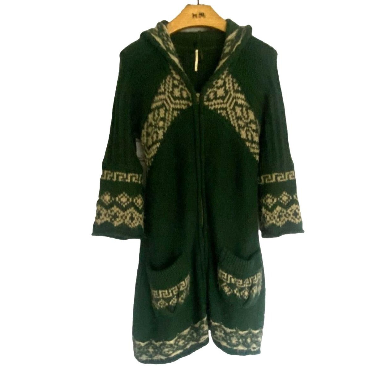 Free People Free People Green and Tan Boho Peruvian Style Long Zip Up ...