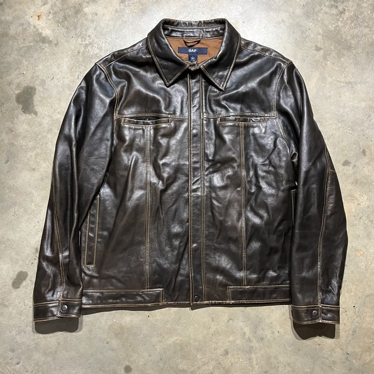 Gap × Streetwear × Vintage Gap Brown Heavyweight Leather Jacket Vintage ...
