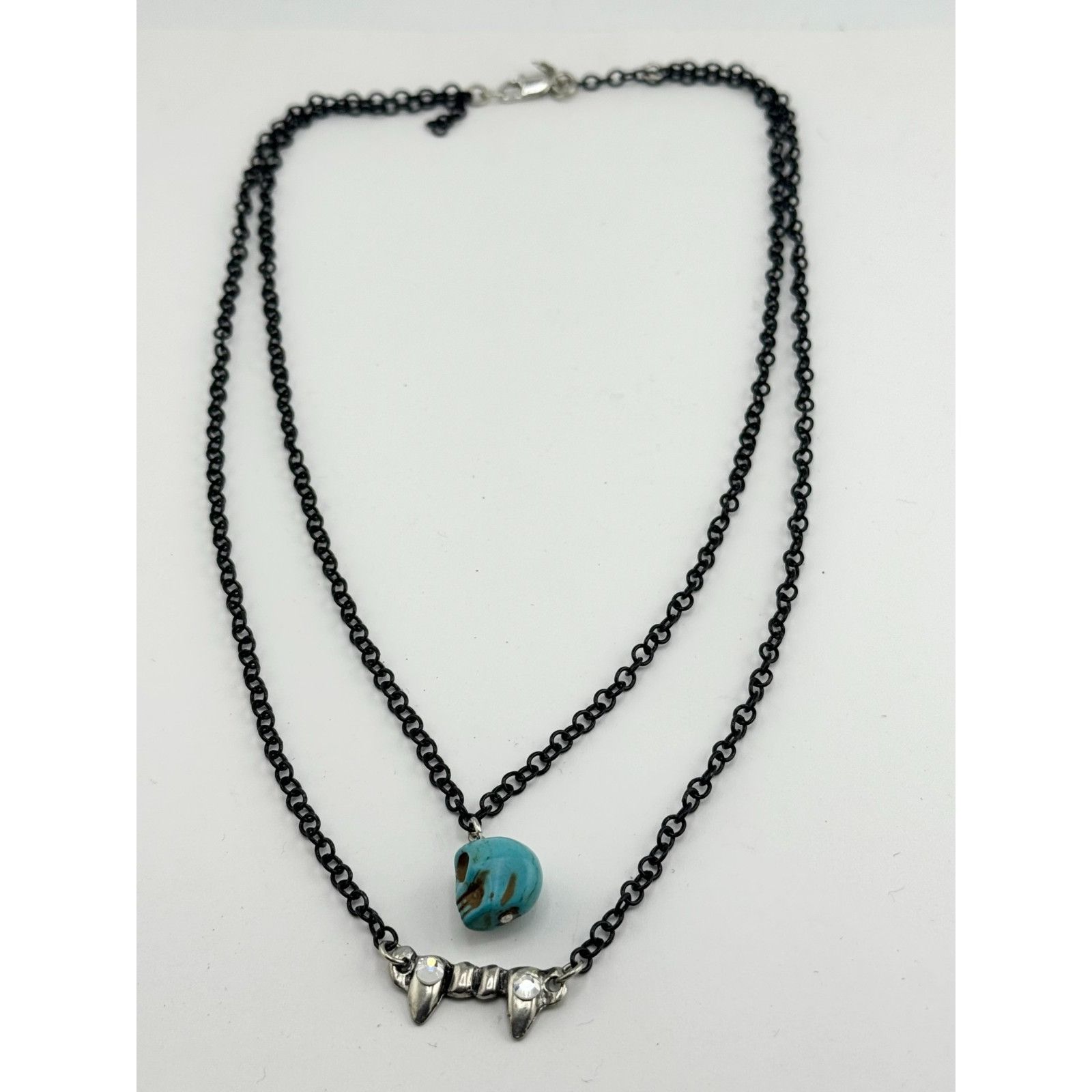 Vintage Blue Howlite stone skull rhinestone fangs double chain Hallo ...