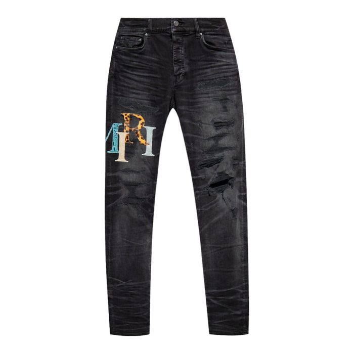 Amiri Amiri Leather Staggered Logo Jeans Faded Back | Grailed