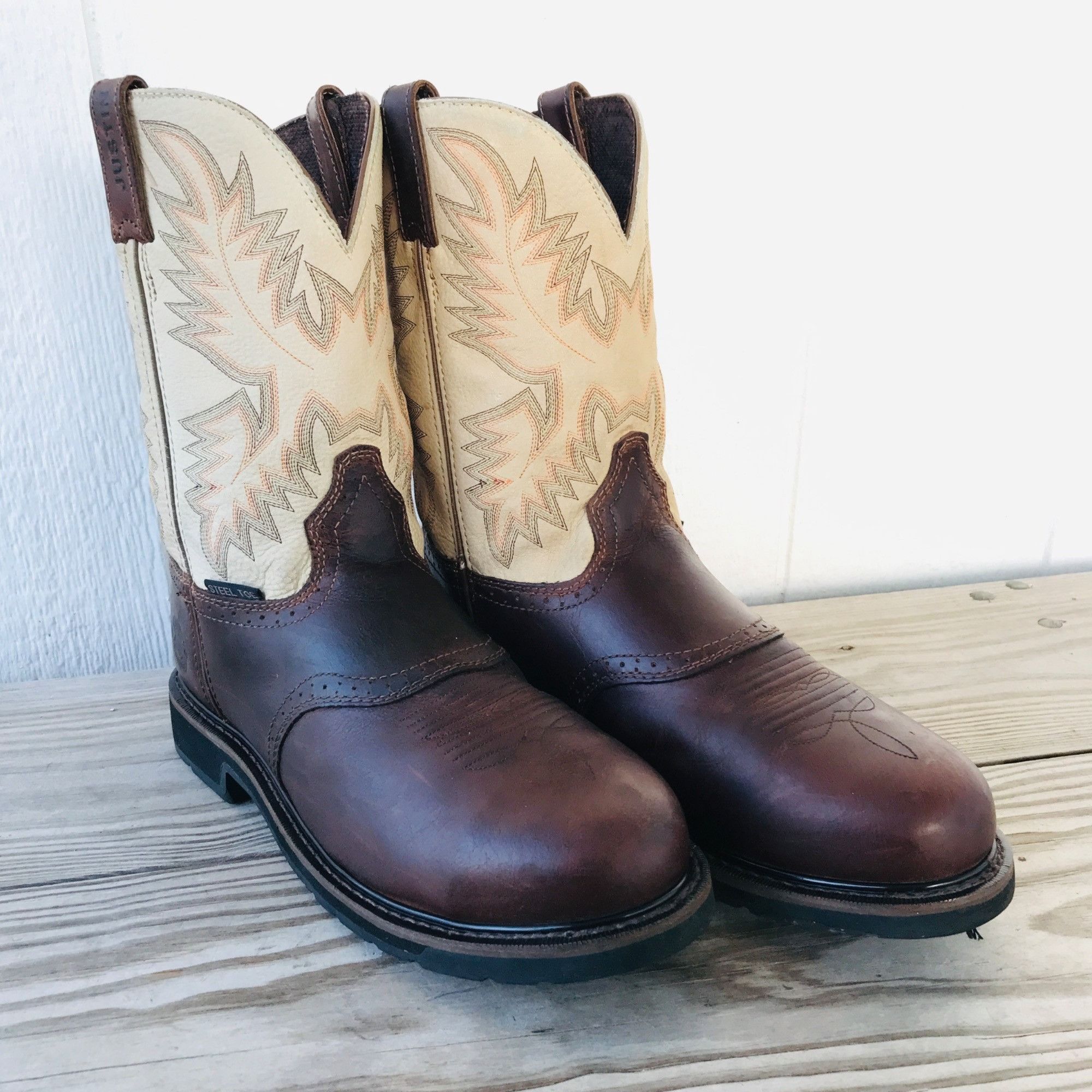 Justin Boots Justin Stampede Men Walnut Brown Steel Toe EH Work Boot 13 ...