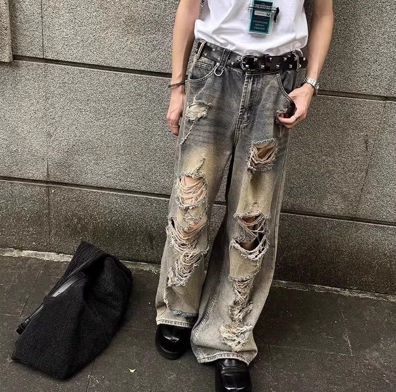 Japanese Brand × Jean × Streetwear Crazy Ripped Holes Acid wash Jeans ...