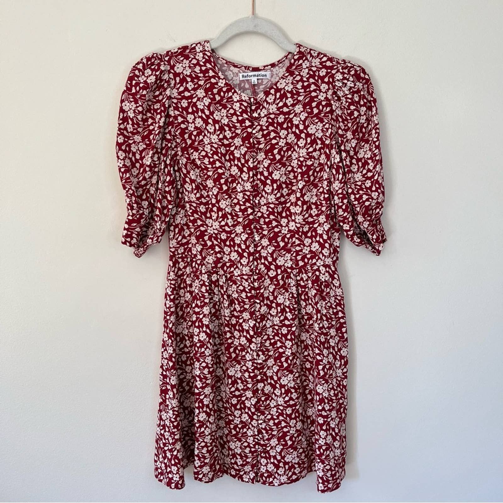 Reformation Reformation Laylin Floral Puff Sleeve Button Mini Dress Red ...