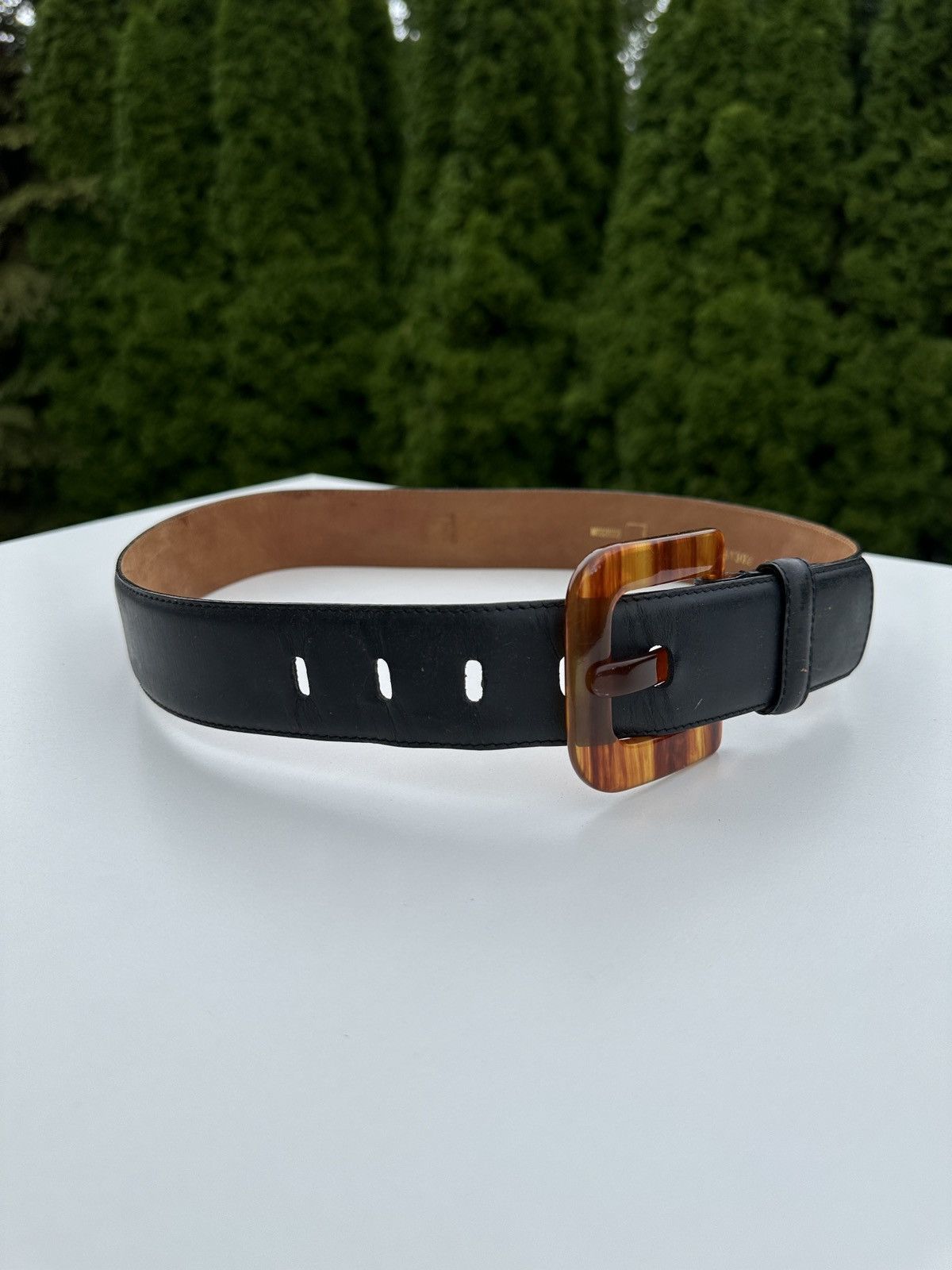 Moschino Moschino black belt with golden logo and amber buckle | Grailed