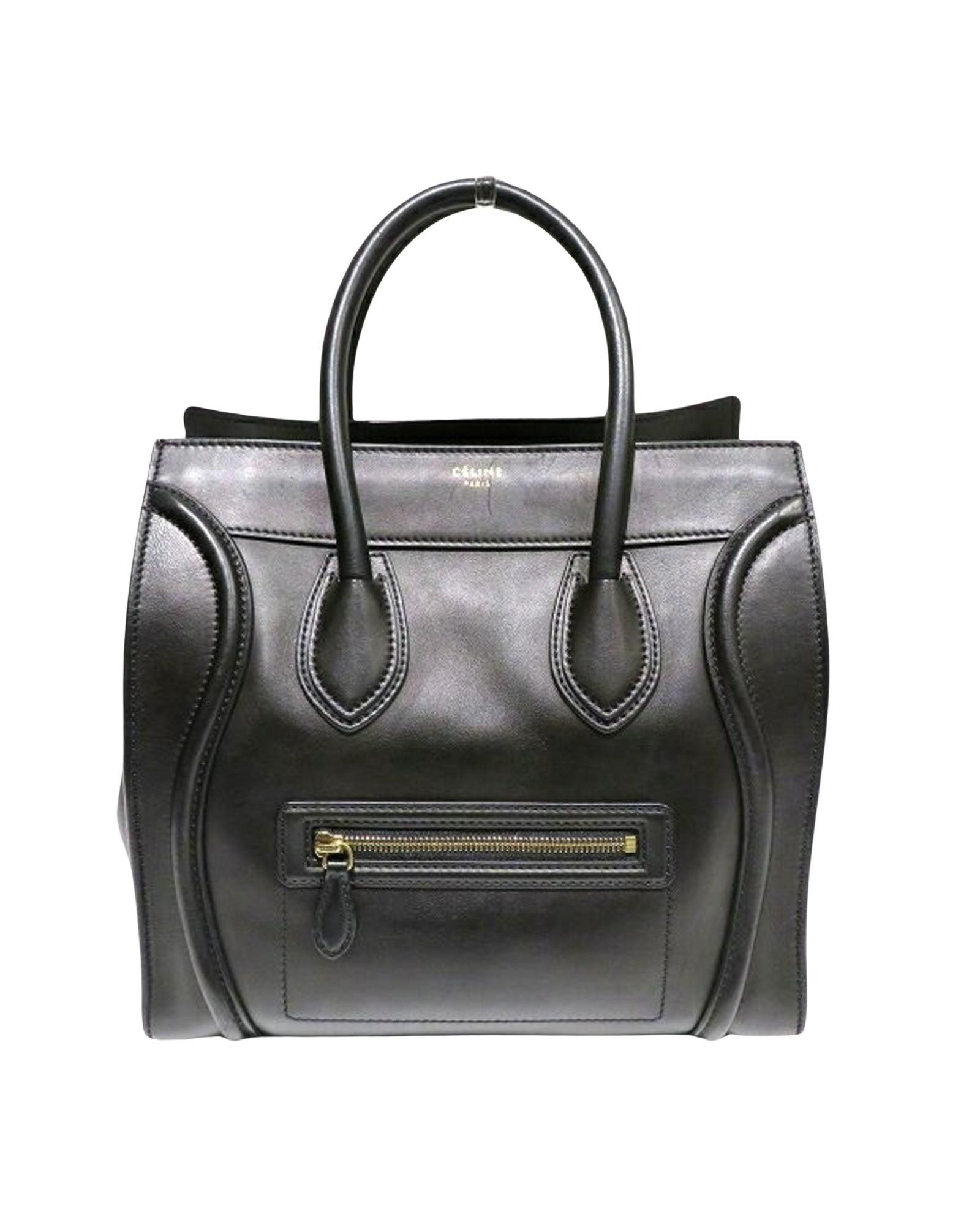Celine Black Leather Tote Bag with Outer Pocket and Open Closure | Grailed