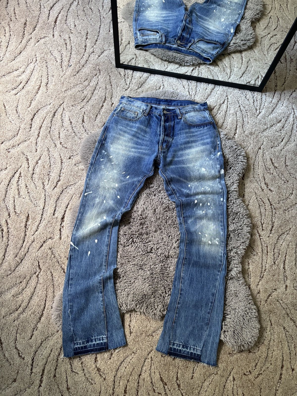 MNML × Streetwear MNML jeans Paint Splatter flared blue denim pants | Grailed