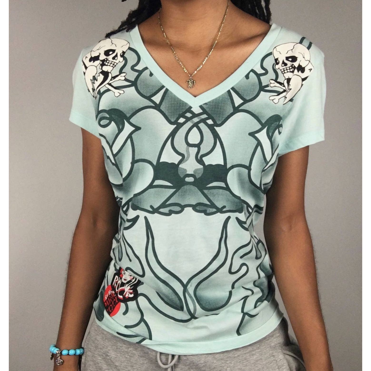 Ed Hardy NWT Ed Hardy Graphic Punk Rock V Neck T Shirt Y2K Womens | Grailed