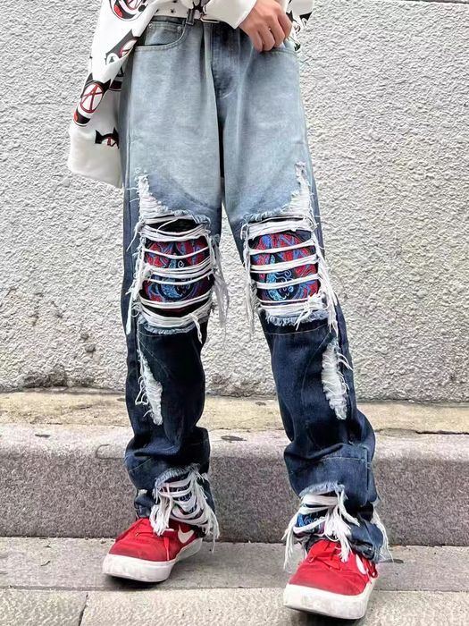 Japanese Brand High street washed heavily embroidered ripped jeans ...