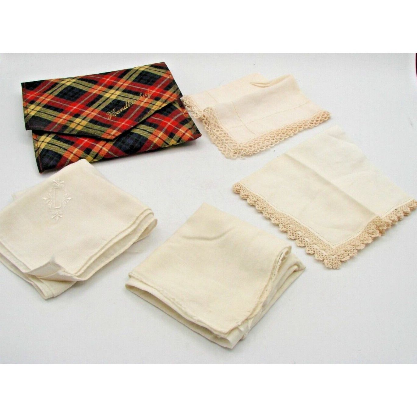 Vintage Lot 4 Handkerchiefs White Embroidered Lace Trim w/ Plaid Pou ...