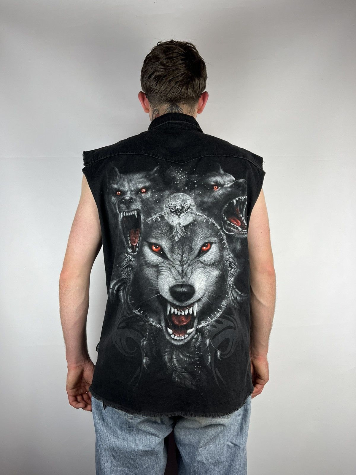 Vintage 🐺Spiral vest denim wolf opium grunge punk style | Grailed