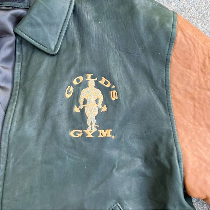 Vintage Golds Gym leather bomber varsity jacket yellow gold green | Grailed