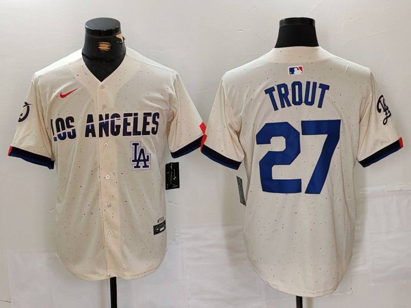 Custom Men Los Angeles Dodgers #27 Mike Trout Cream Jersey | Grailed