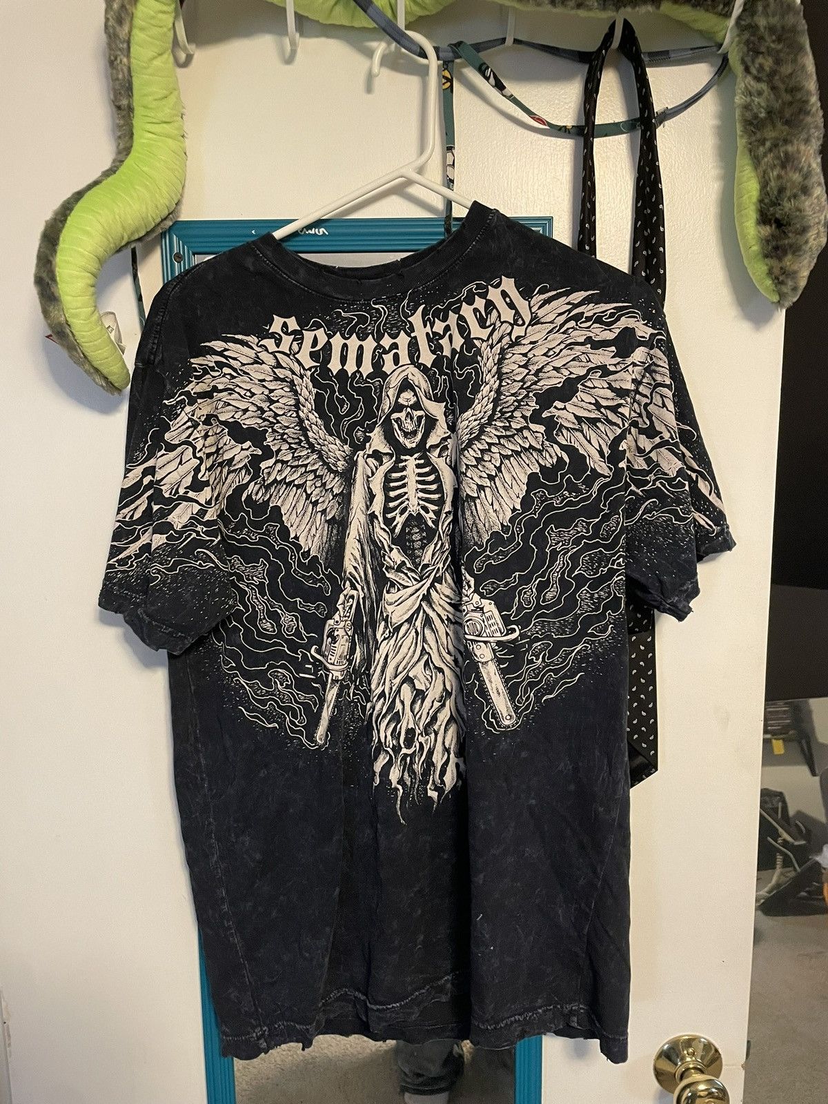 Drain Gang × Haunted Mound Sematary x Affliction Chainsaw Angel Shirt ...