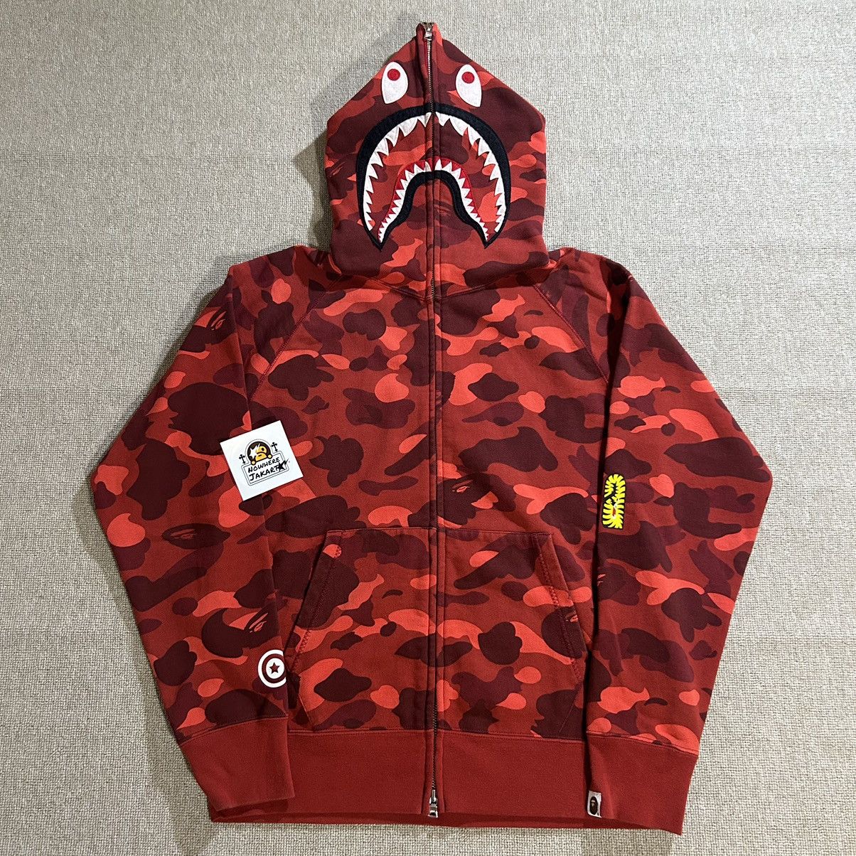 Bape Bape Shark Red Camo Full Zip Hoodie | Grailed