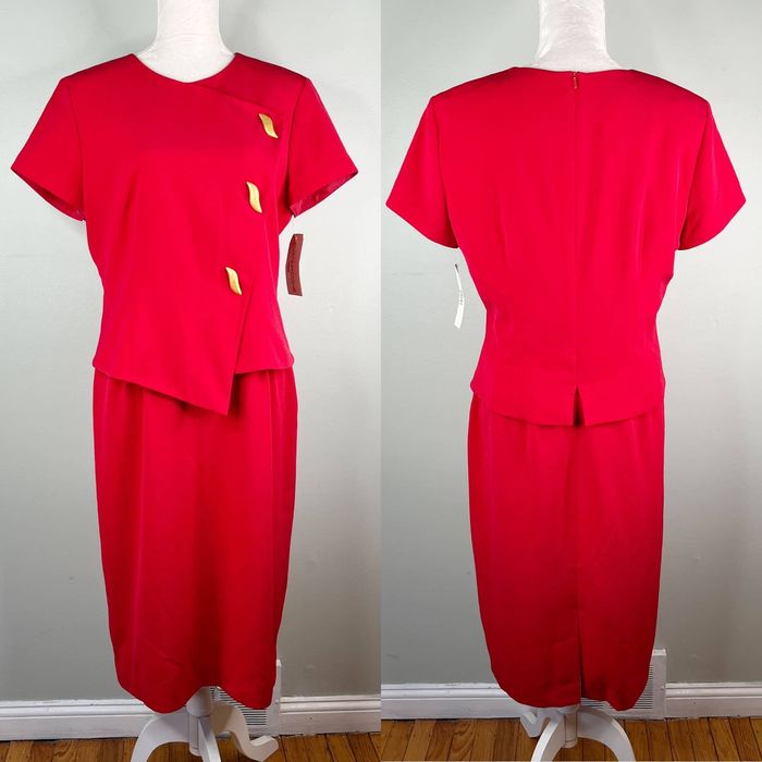 Evan Picone Vintage Evan Picone Dress 12 Red Gold Accents SS New | Grailed