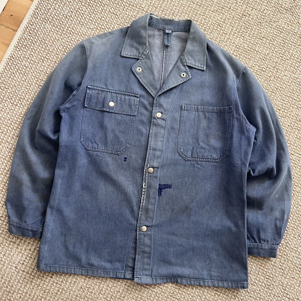 Vintage Vintage french denim stained distressed chore works jacket ...