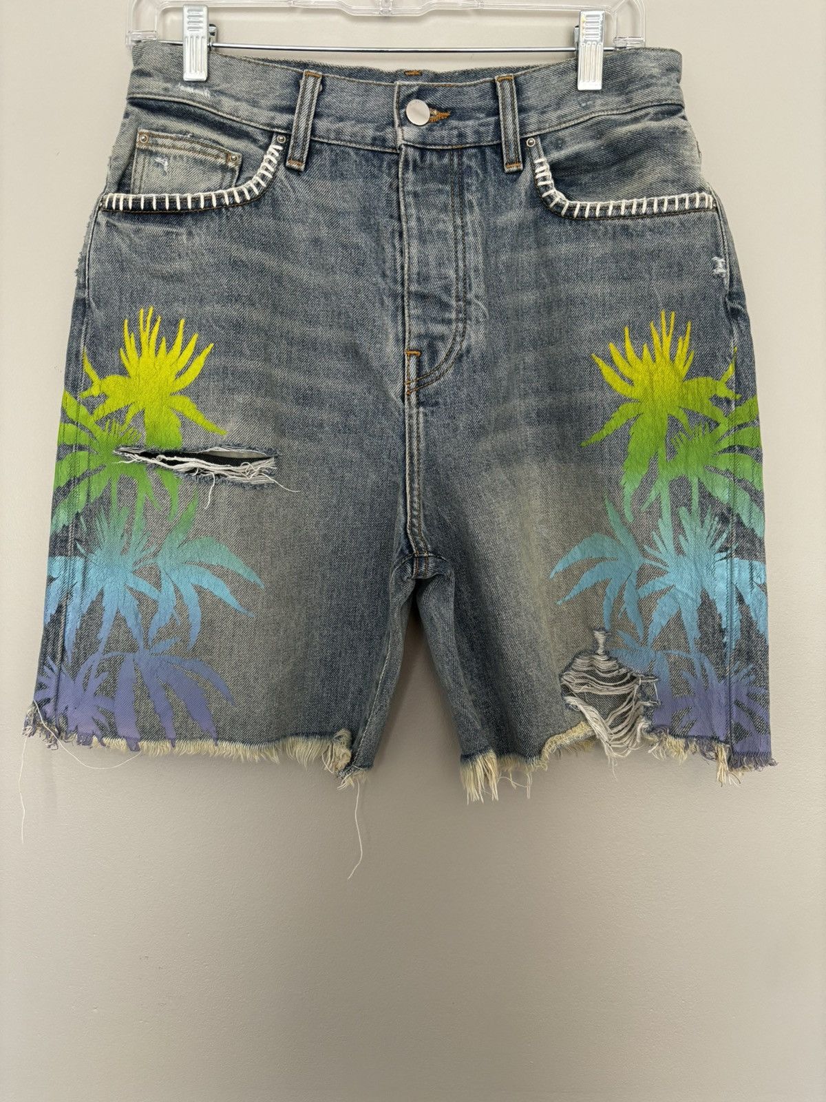 Designer Amiri palm tree crochet denim shorts | Grailed