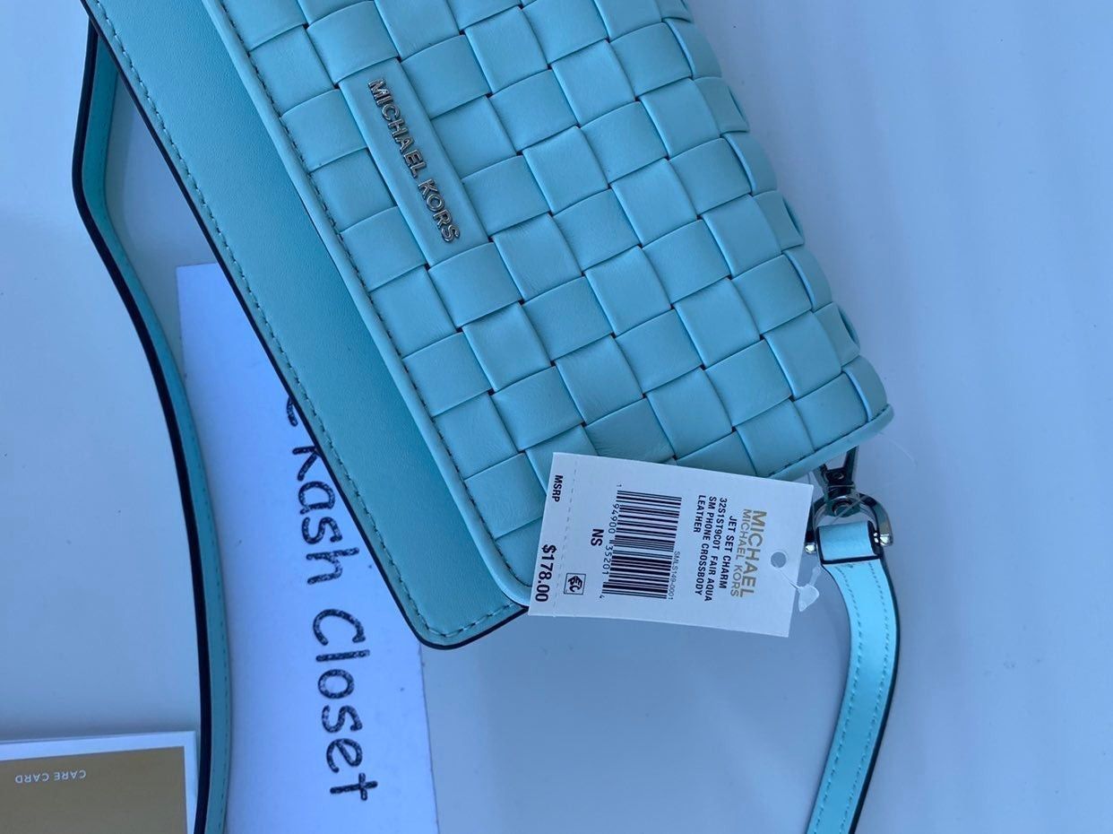Michael Kors MICHAEL KORS PHONE CROSSBODY JET SET LEATHER WOVEN AQUA ...