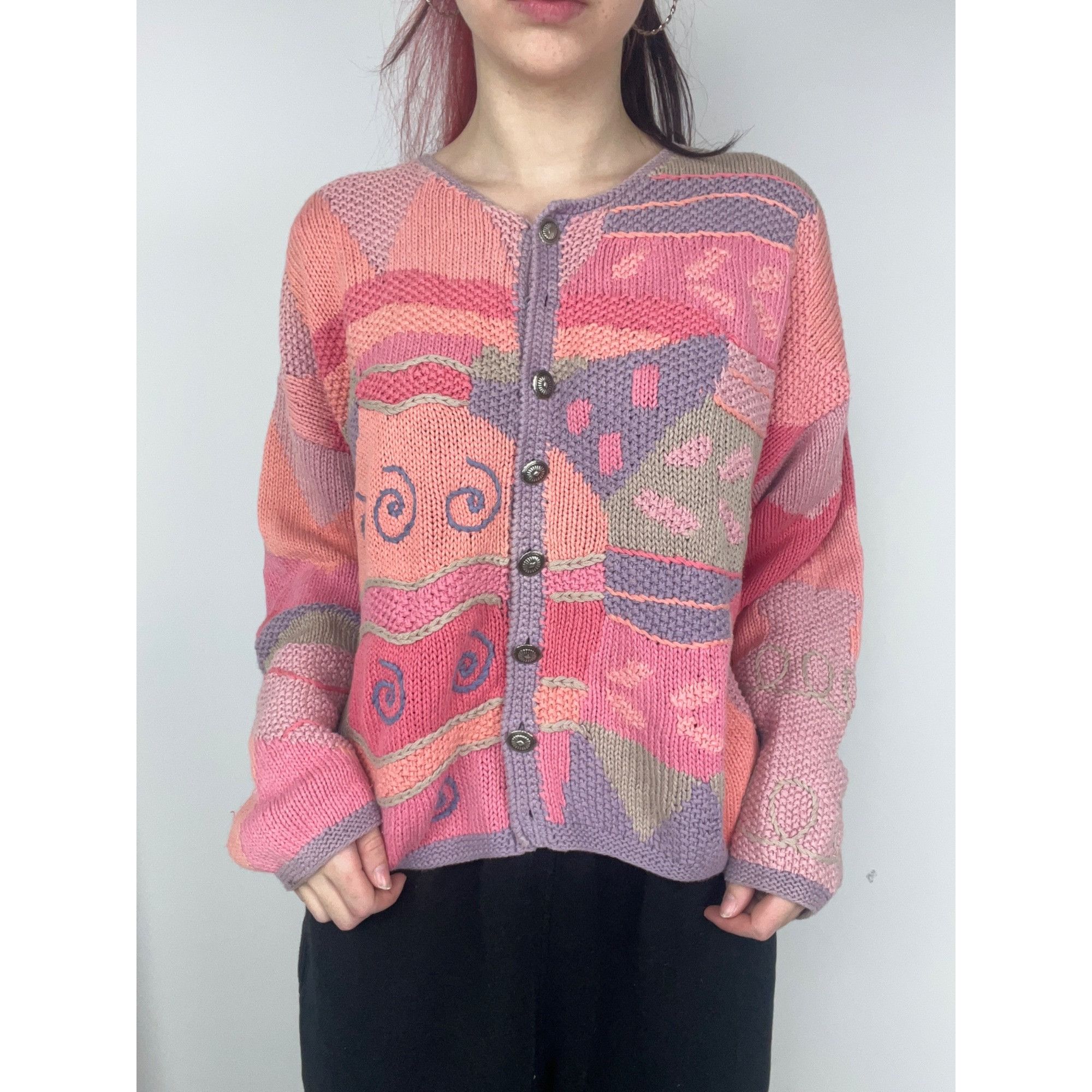Vintage Vintage Hand Knit Sigrid Olsen Pink Patterned Cardigan | Grailed