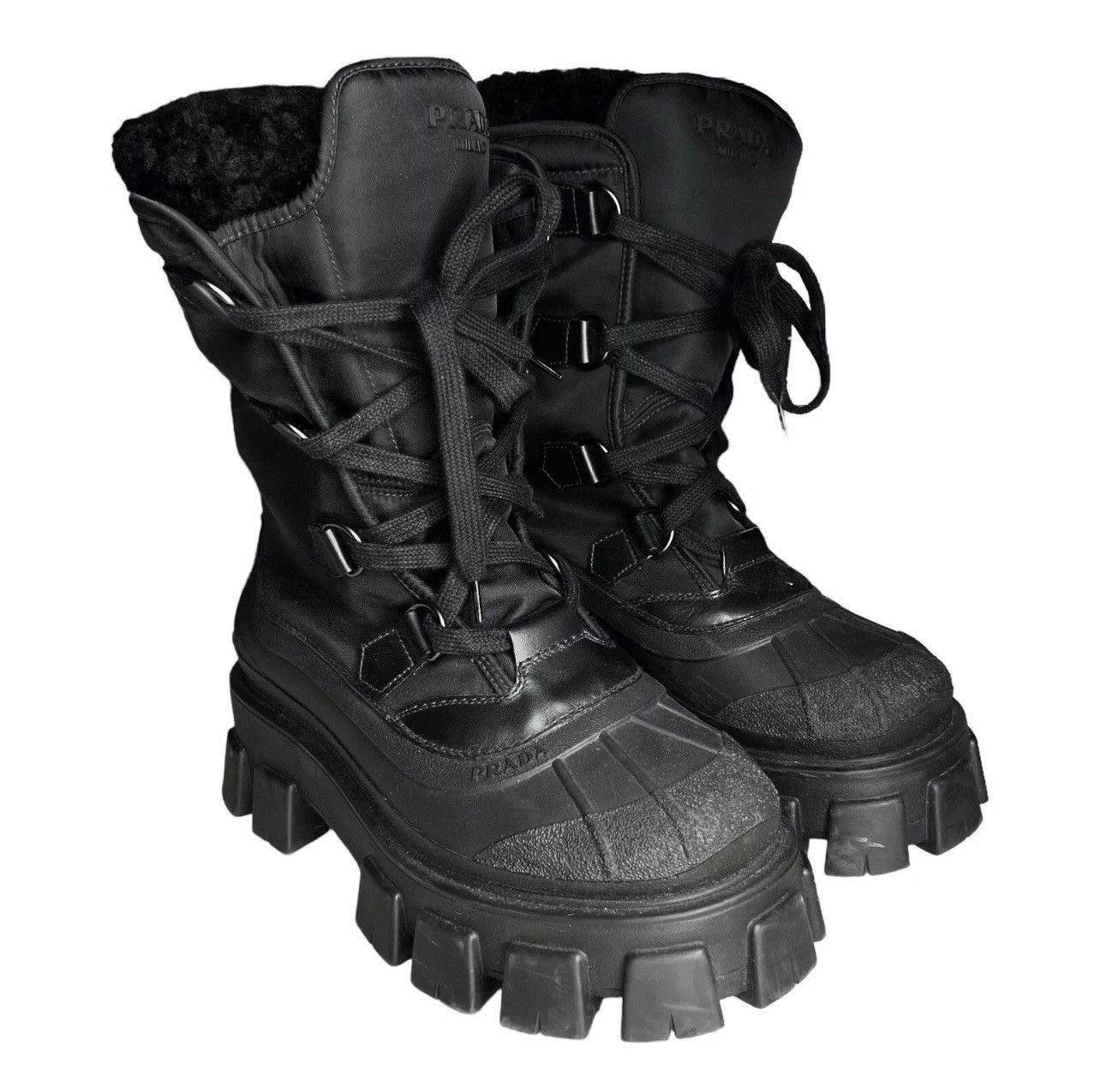 Prada Monolith Shearling Snow Winter Combat Duck Platform Boots | Grailed