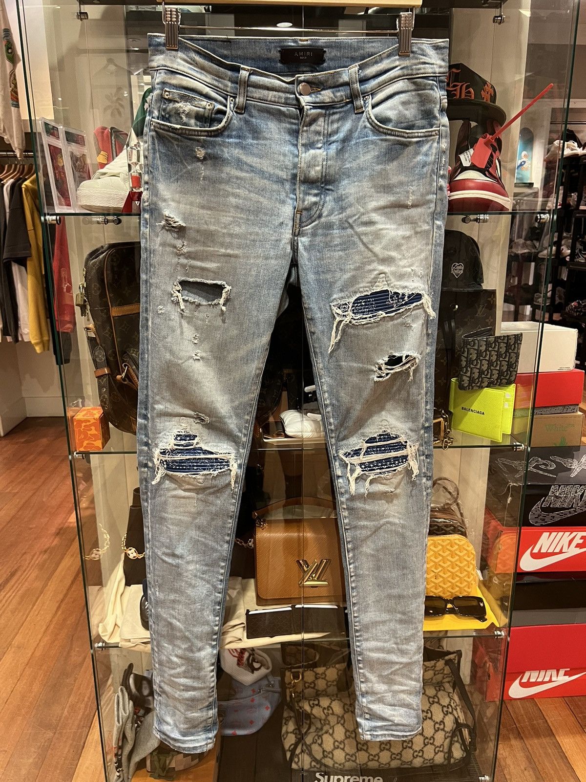 Amiri Amiri mx1 blue bandana leather patch denim jeans | Grailed