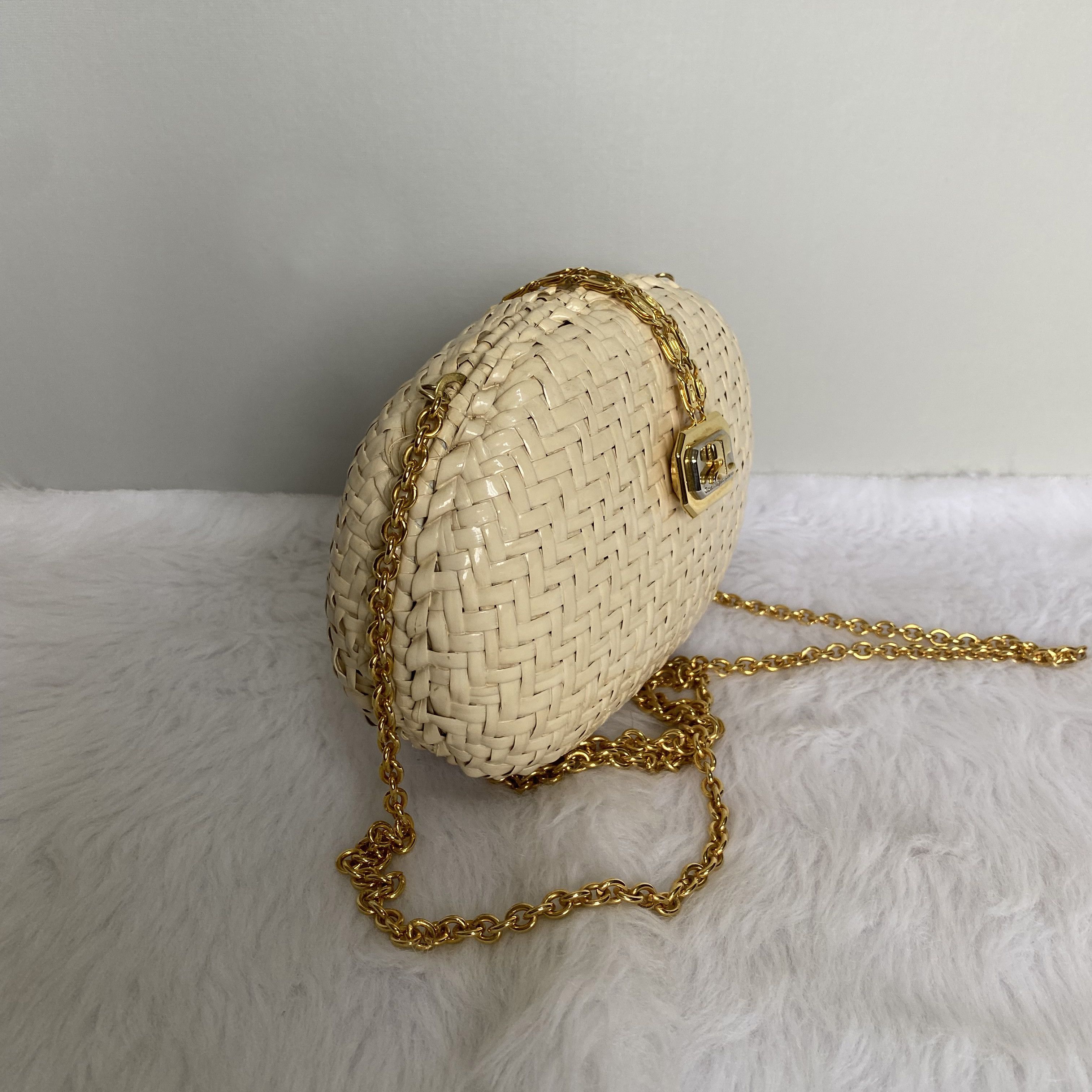 Courreges × Vintage COURREGES Vintage Ivory Gold Rattan Chained Clutch ...