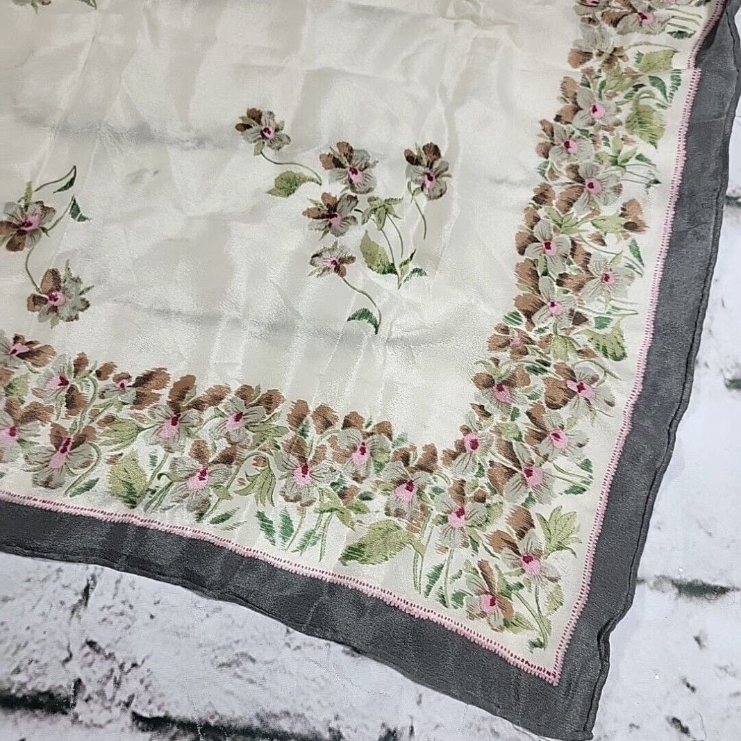 Vintage Cream Colored Square Silk Scarf Featuring Blue Floral Pattern ...