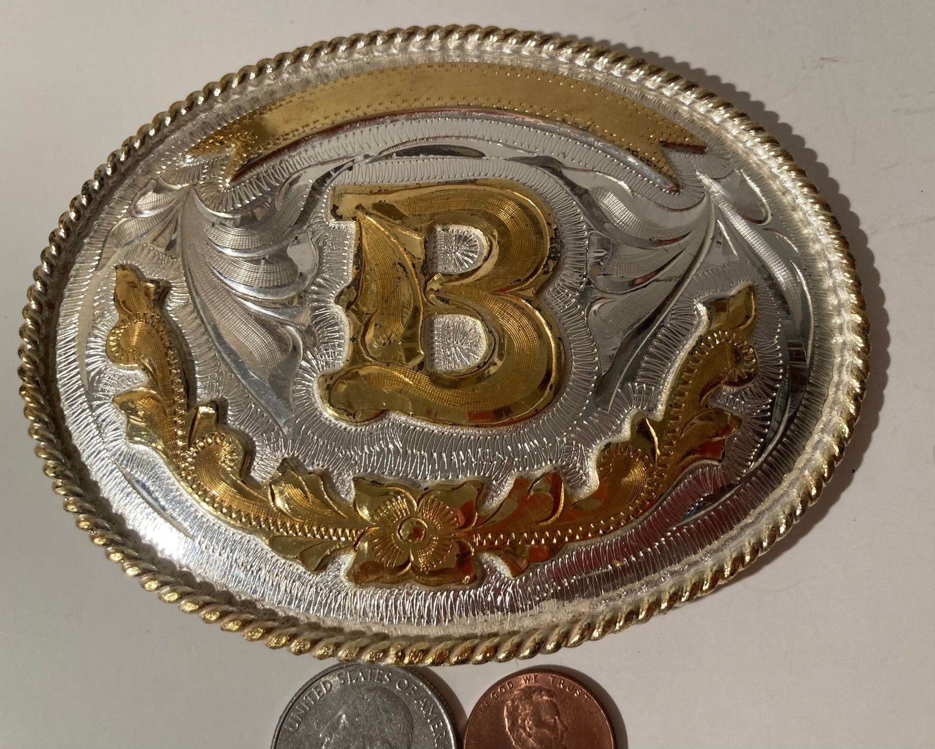 Vintage Vintage Metal Belt Buckle, Silver and Brass, Letter B, Init ...