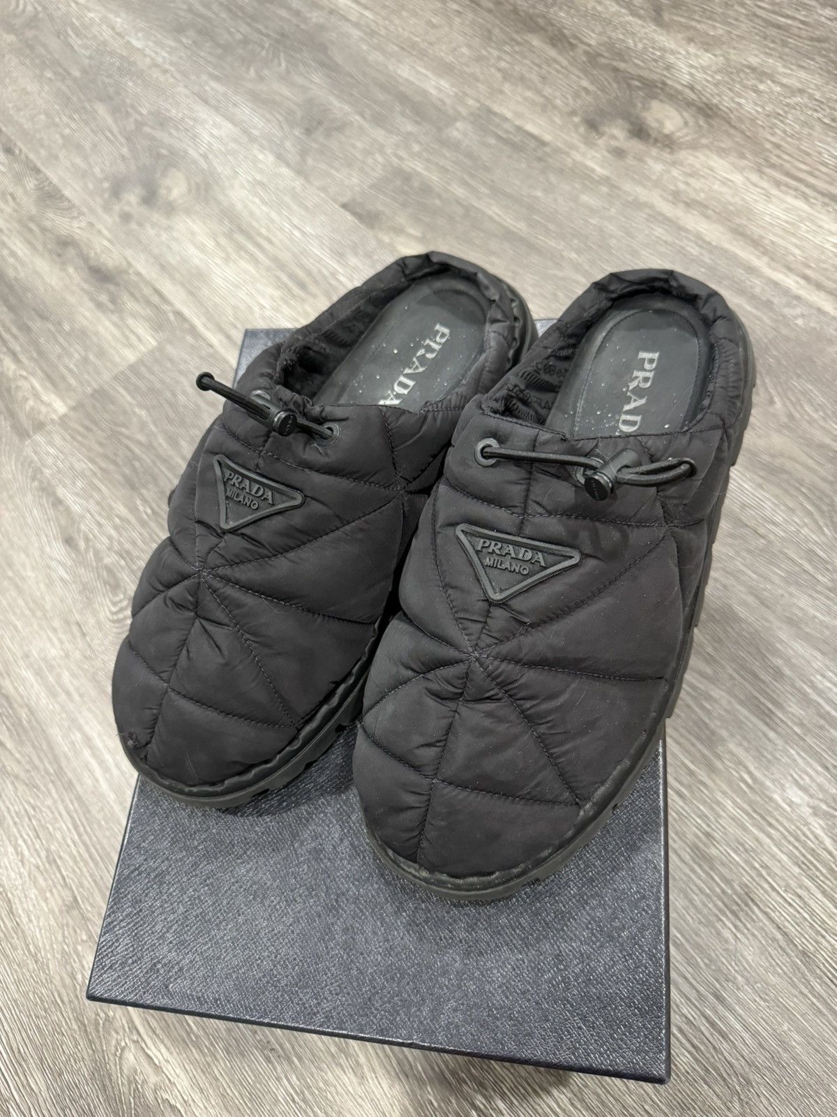 Prada Prada Triangle Logo Black Re-Nylon Puffer Slides Mules | Grailed