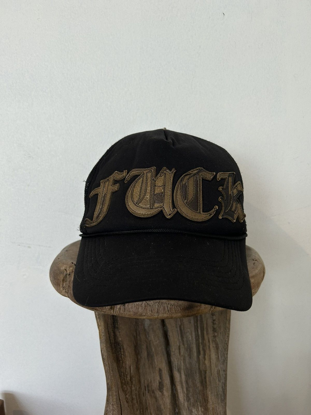 Chrome Hearts × Vintage Vintage Chrome hearts Fuck Leather Camo patchTrucker Hat | Grailed
