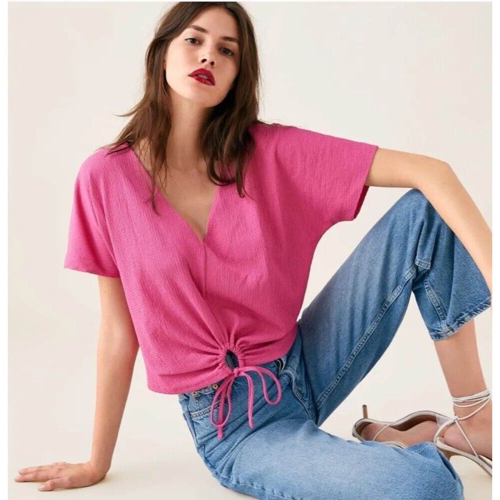 Zara Zara Large Hot Pink Cropped V-Neck Blouse Tie Front Top | Grailed